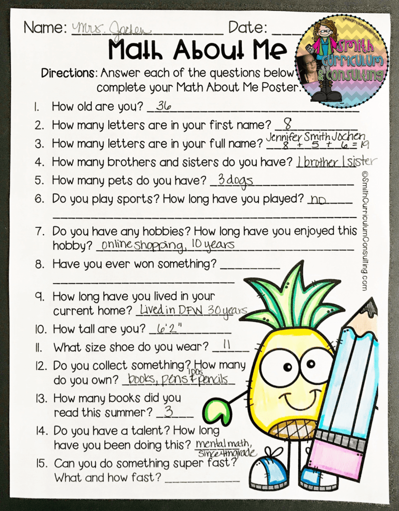 Math About Me Project- Math Resource For Students • Smith Curriculum ...