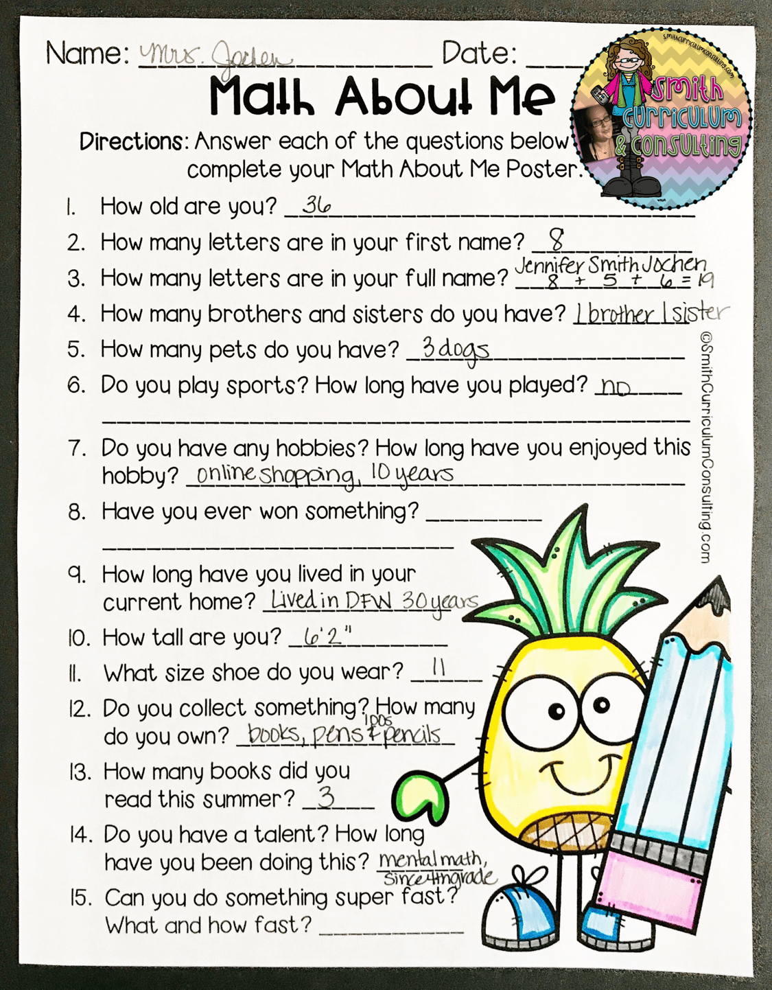 Math About Me Project- Math Resource For Students • Smith Curriculum ...